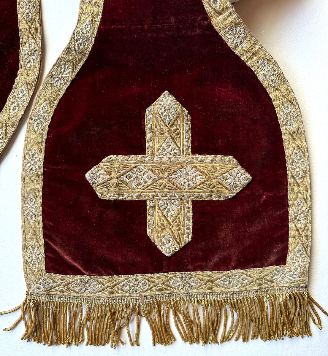 Antique French Catholic Maniple, 88" Ceremonial Stole, Velvet and Embr ...