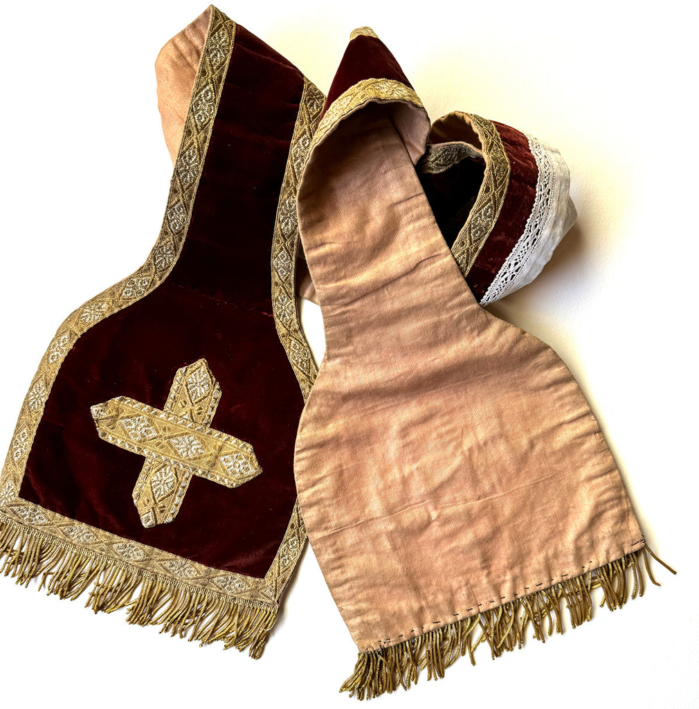Antique French Catholic Maniple, 88" Ceremonial Stole, Velvet and Embr ...