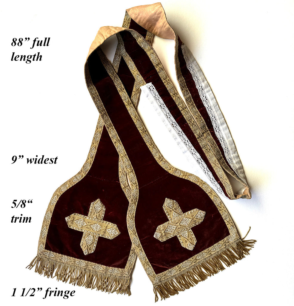 Antique French Catholic Maniple, 88" Ceremonial Stole, Velvet and Embr ...