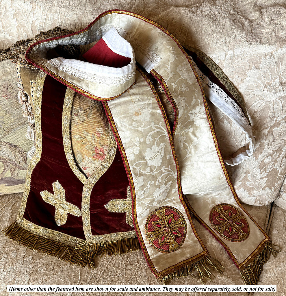 Antique French Catholic Maniple, 88" Ceremonial Stole, Velvet and Embr ...