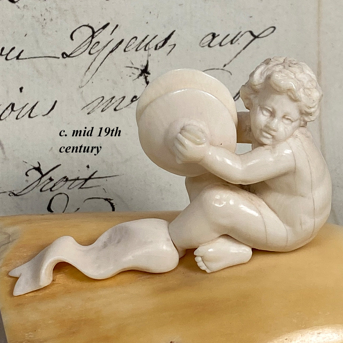 Antique 19th Century Hand Carved Dieppe Ivory Putti Figure with Cymbal ...