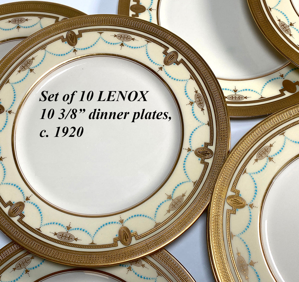 Fine Set of 10 LENOX 10 3/8" Dinner Plates w Raised Gold Enamel, Encru ...