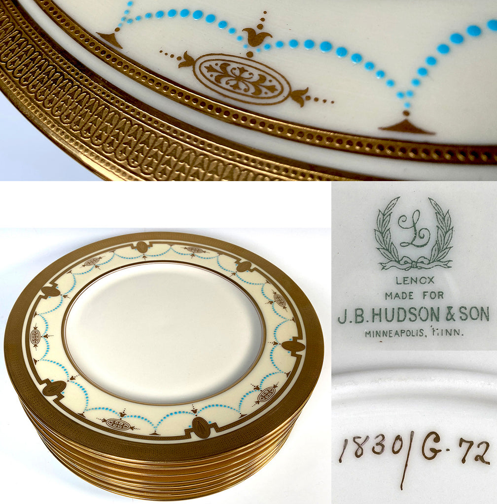 Fine Set of 10 LENOX 10 3/8" Dinner Plates w Raised Gold Enamel, Encru ...