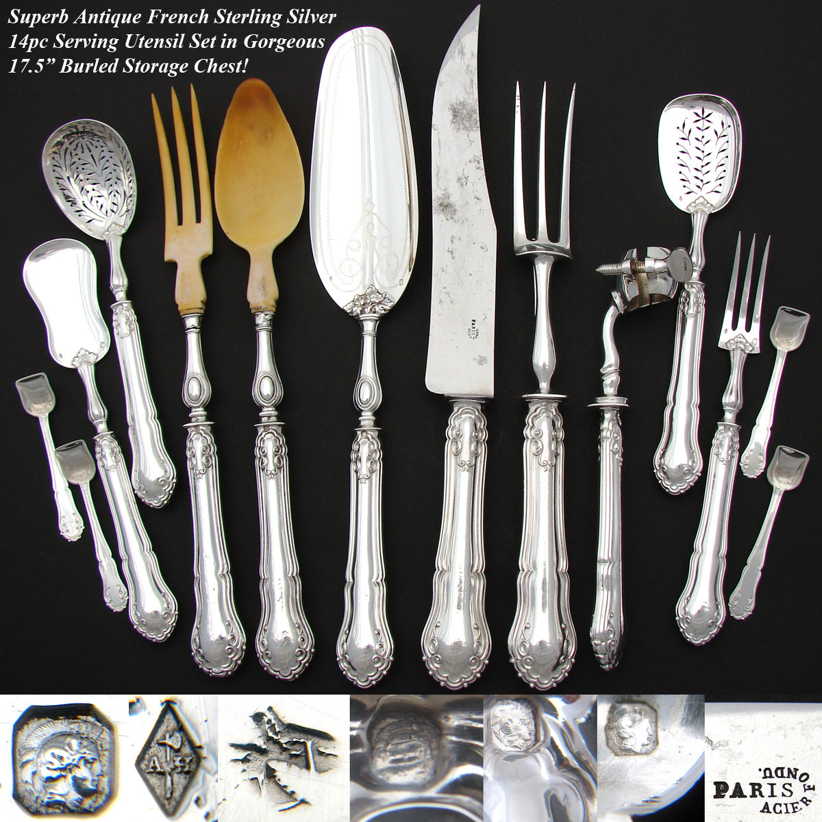 Superb Antique French Sterling Silver 14pc Serving Utensil Set, Gorgeo ...
