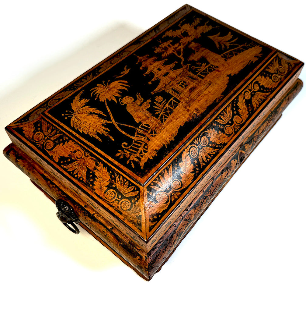 Antique English Ink Painting Penwork Georgian-Victorian Sewing or Jewe ...