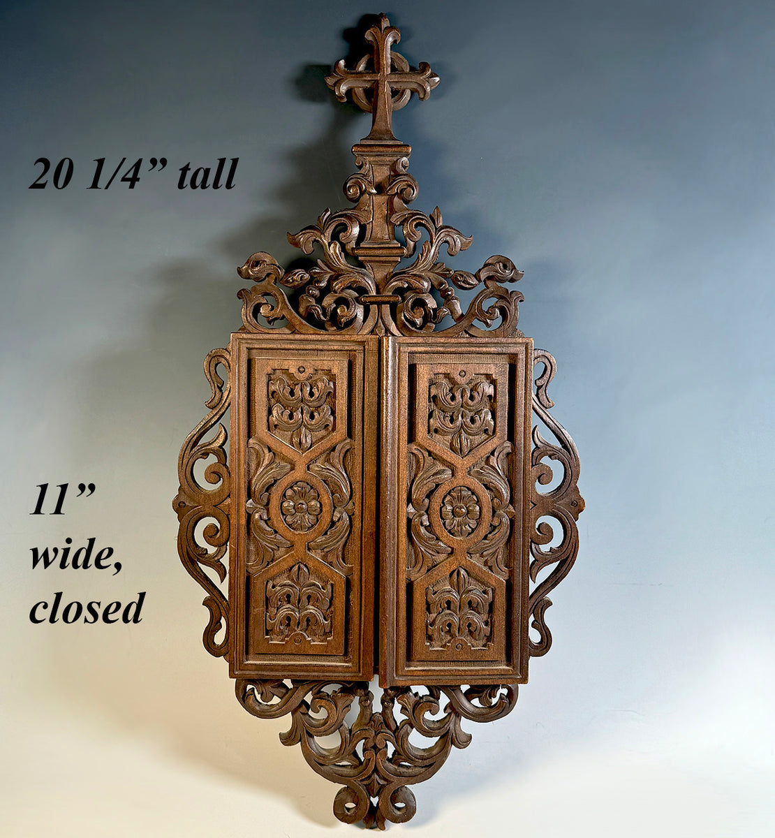 Large Antique French Carved Triptych Crucifix Frame w 4 Hand Painted P ...