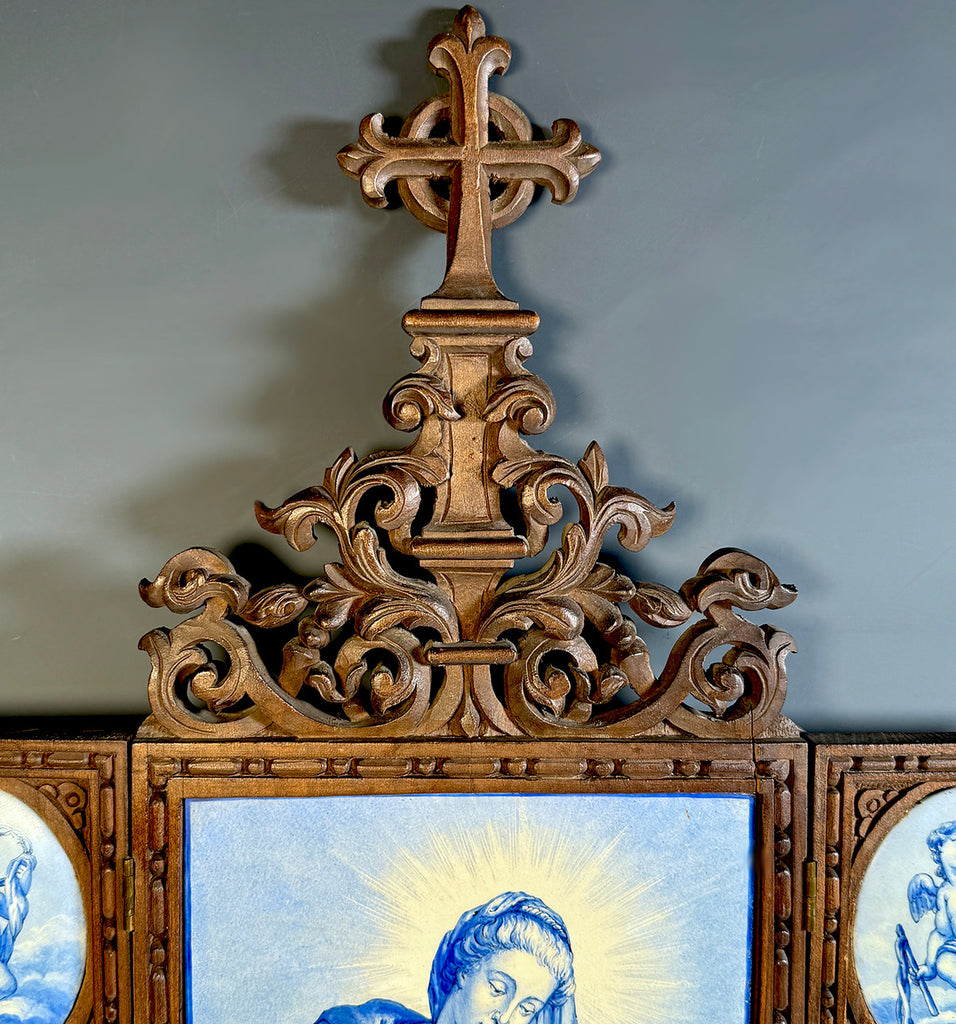 Large Antique French Carved Triptych Crucifix Frame w 4 Hand Painted P ...
