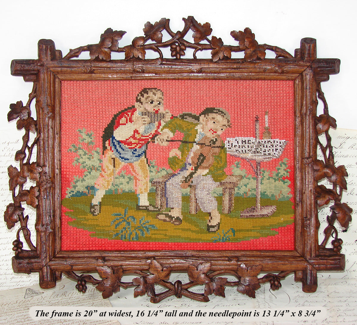 Antique Victorian Era Black Forest Carved 20" Frame, Beadwork Needlepo ...