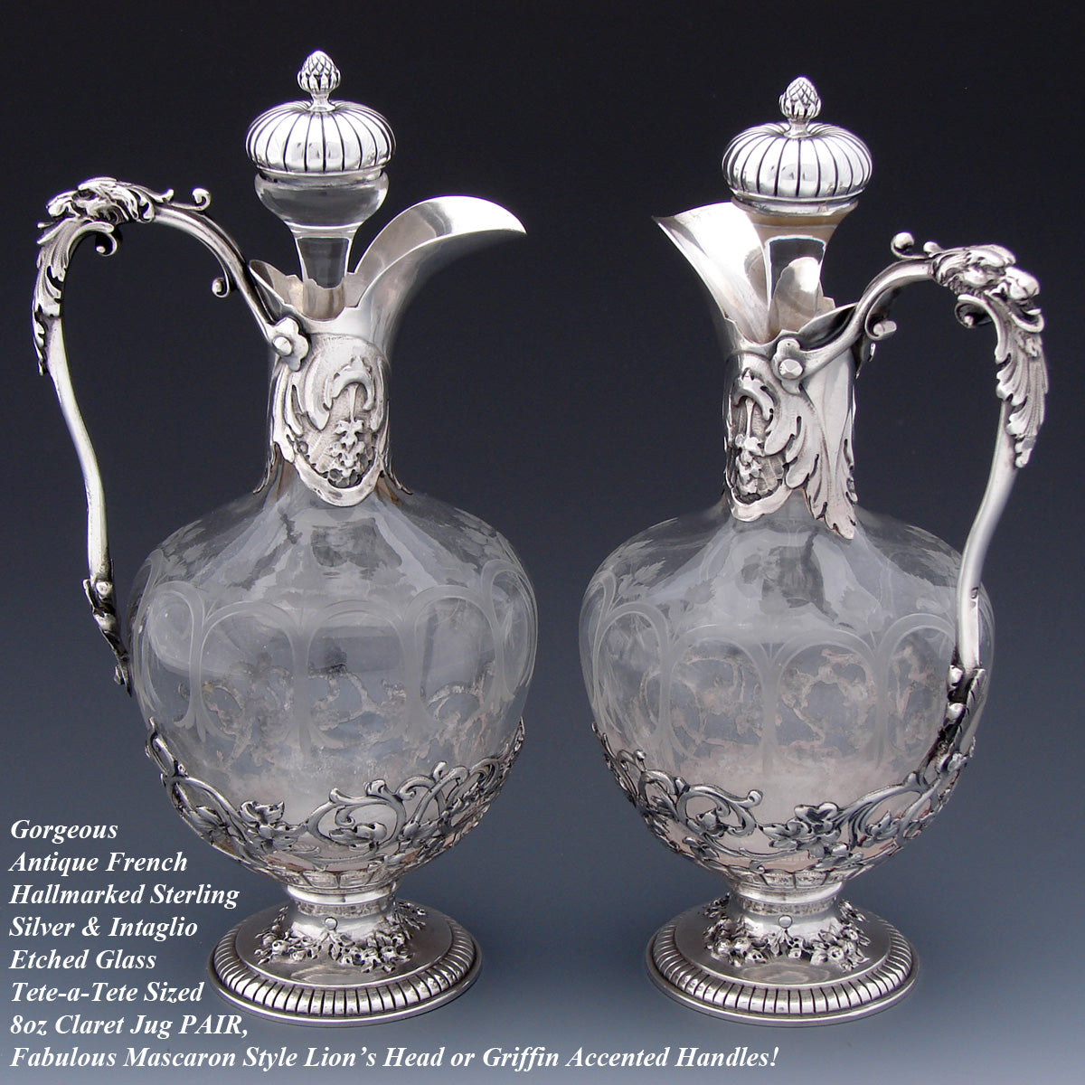 Antique French Sterling Silver & Intaglio Engraved Glass Claret Jug PA ...
