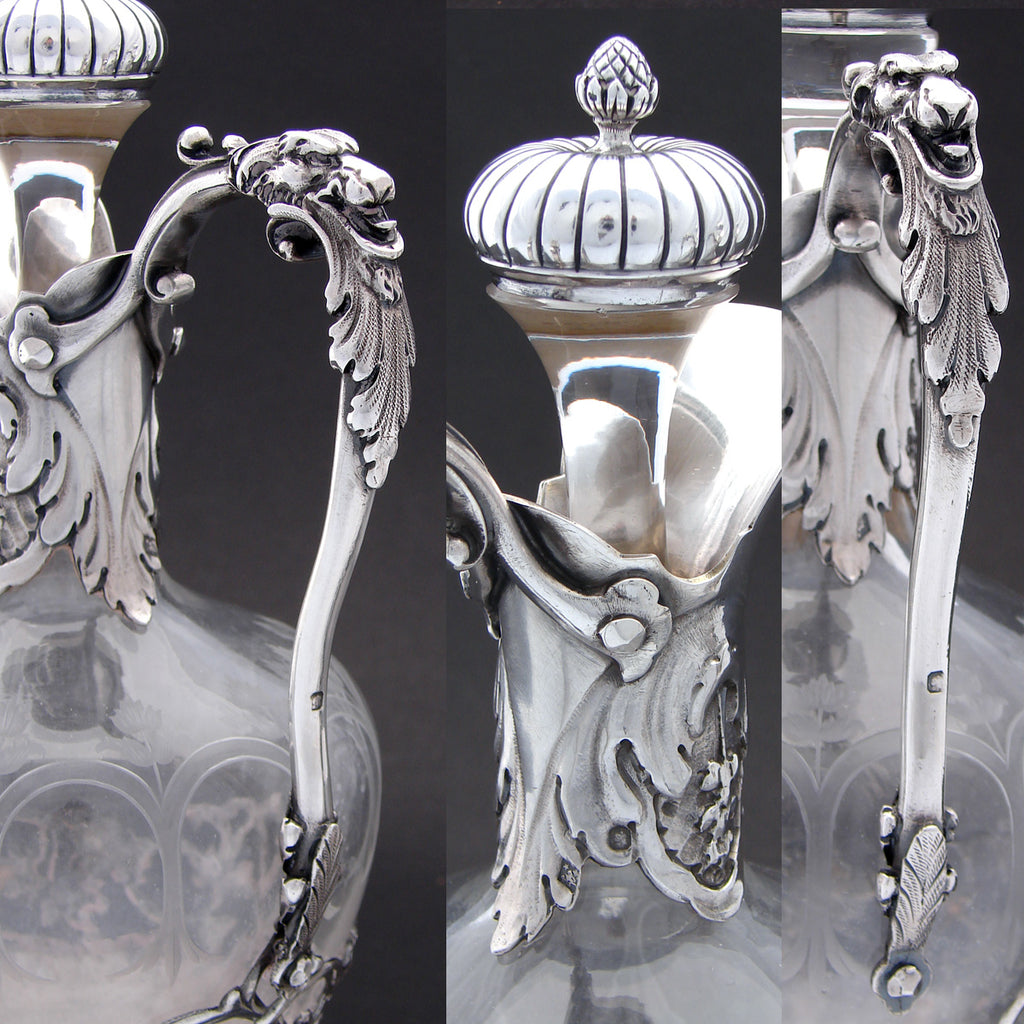 Antique French Sterling Silver & Intaglio Engraved Glass Claret Jug PA ...