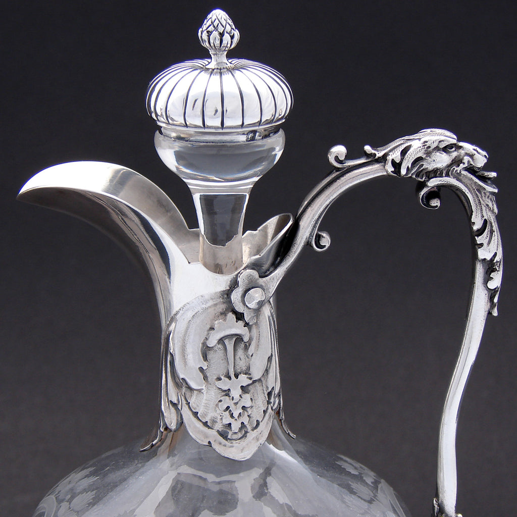Antique French Sterling Silver & Intaglio Engraved Glass Claret Jug PA ...
