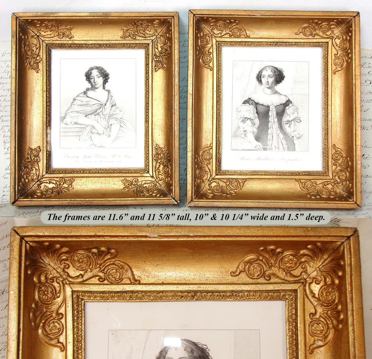 PAIR Antique French Empire Gilt Wood Picture Frames with Intaglio Prin ...