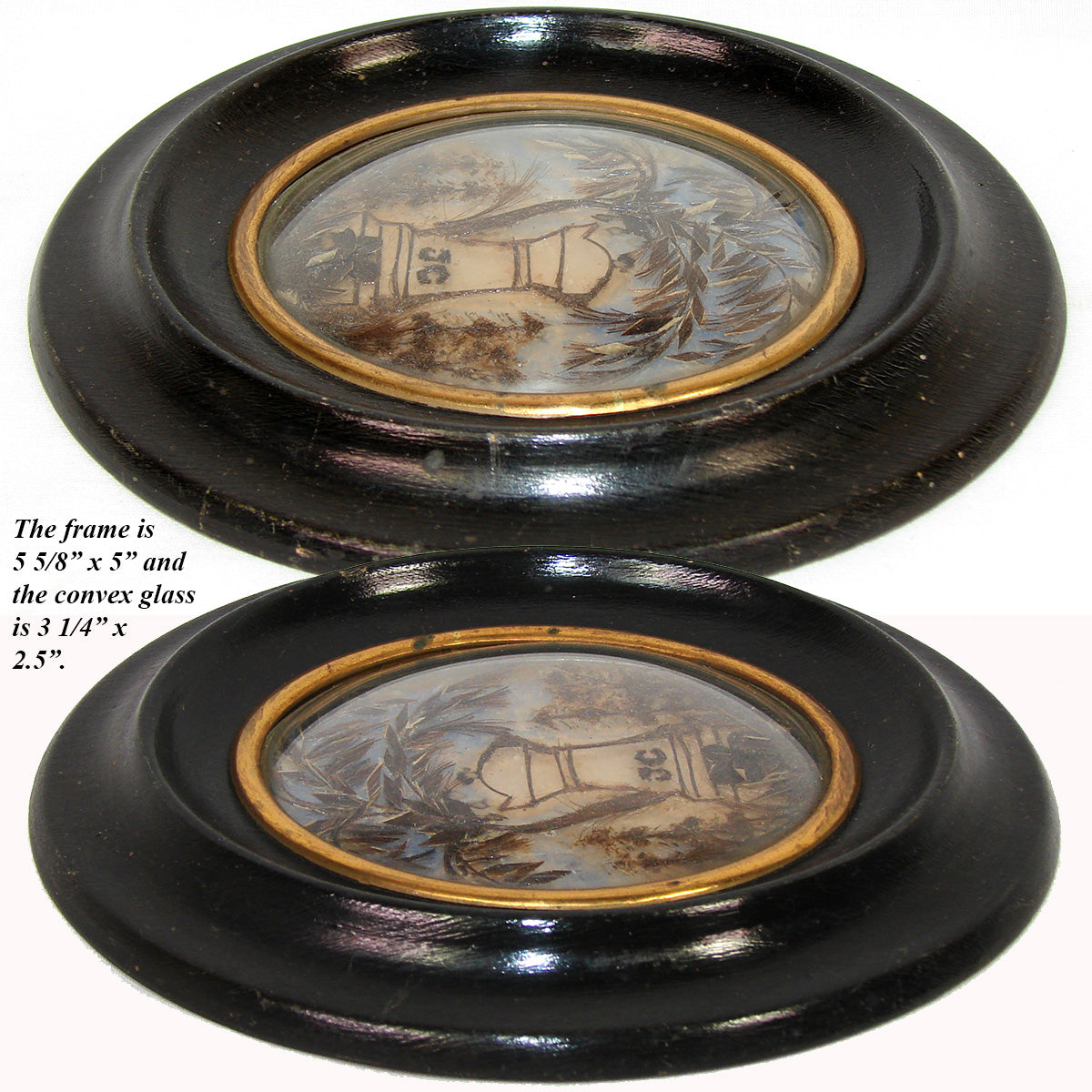 Antique French Mourning Hair Art Memento, Tomb Scene in Oval Ebonized ...