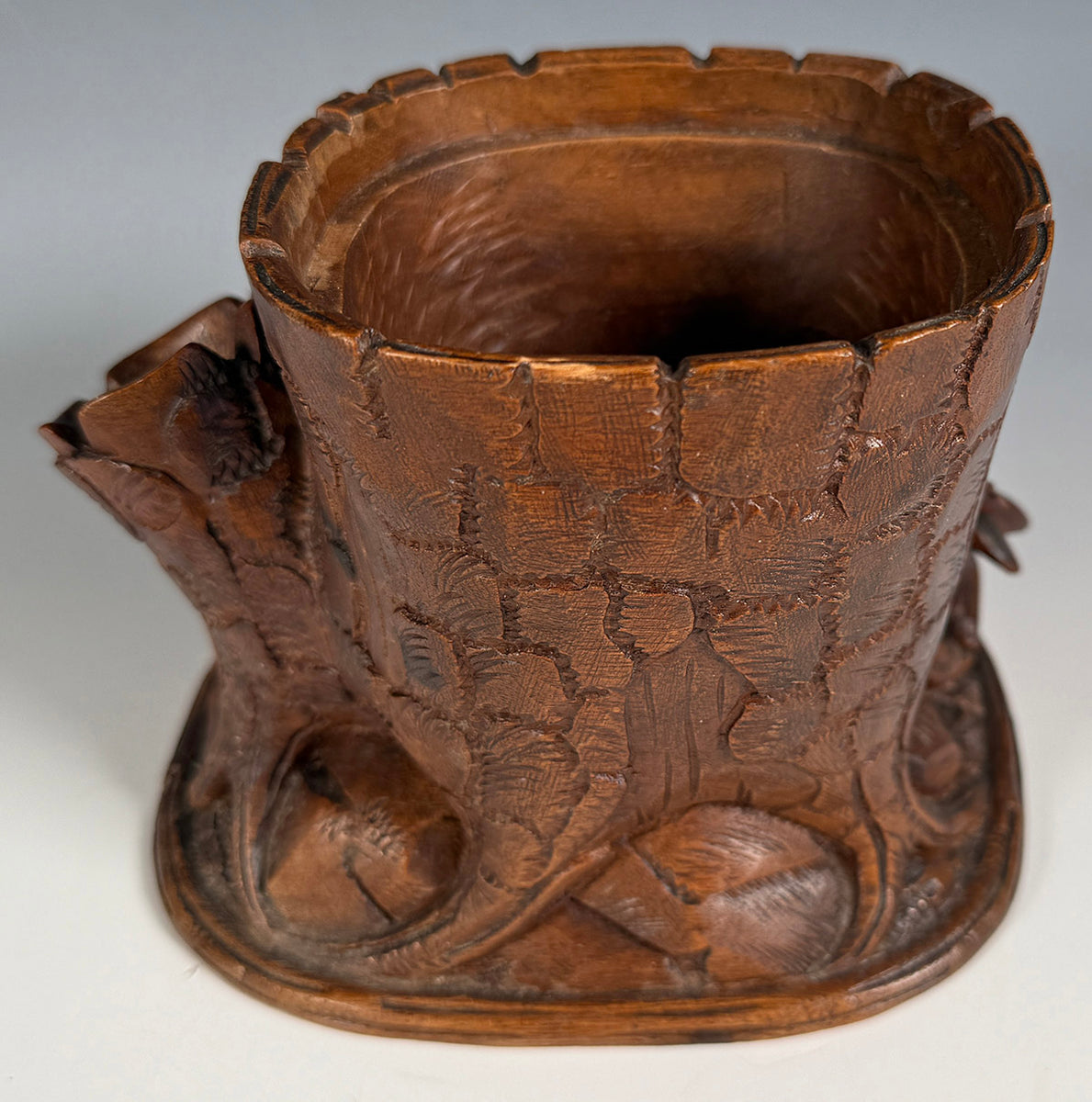 Antique Swiss Black Forest Carved Wood Tree Stump Tobacco or Cigar Sta ...