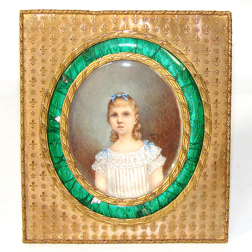 Superb Antique French Portrait Miniature of a Child, Gilt Bronze & Ena ...