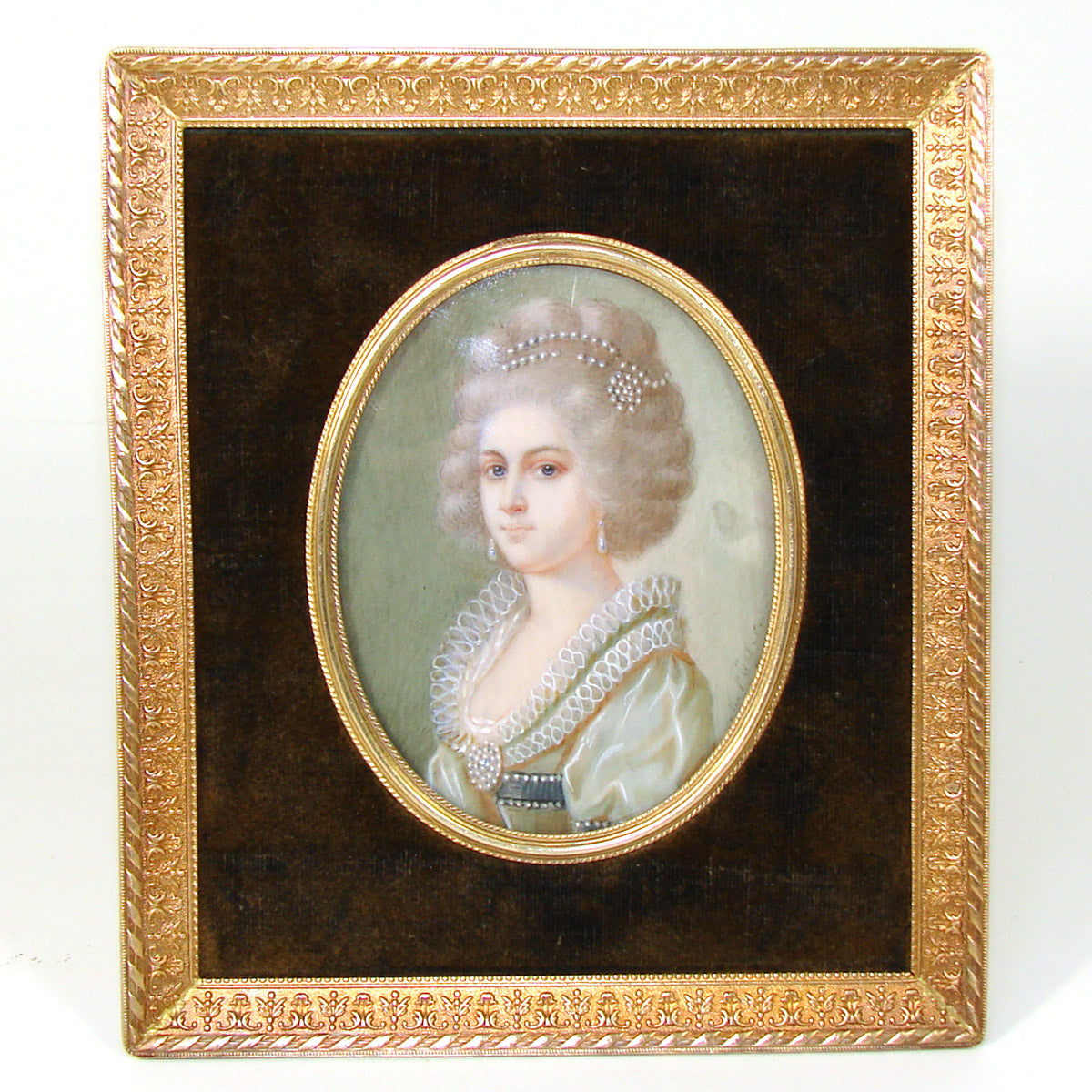 Antique French Portrait Miniature, Woman with Pearl Jewelry, Gilt Bron ...