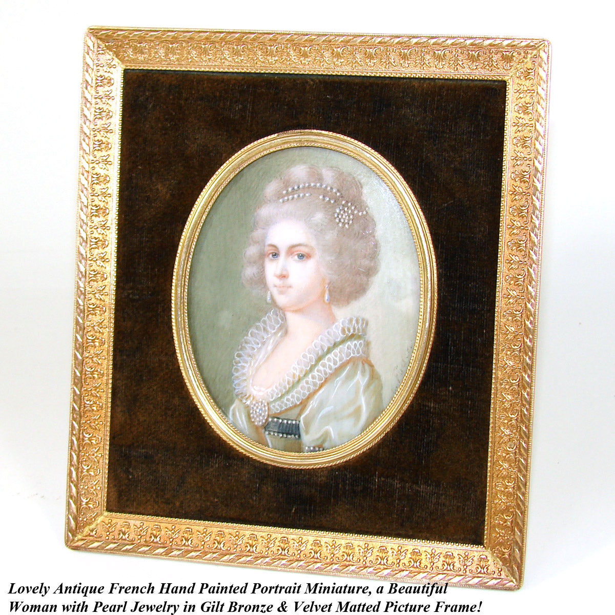 Antique French Portrait Miniature, Woman with Pearl Jewelry, Gilt Bron ...