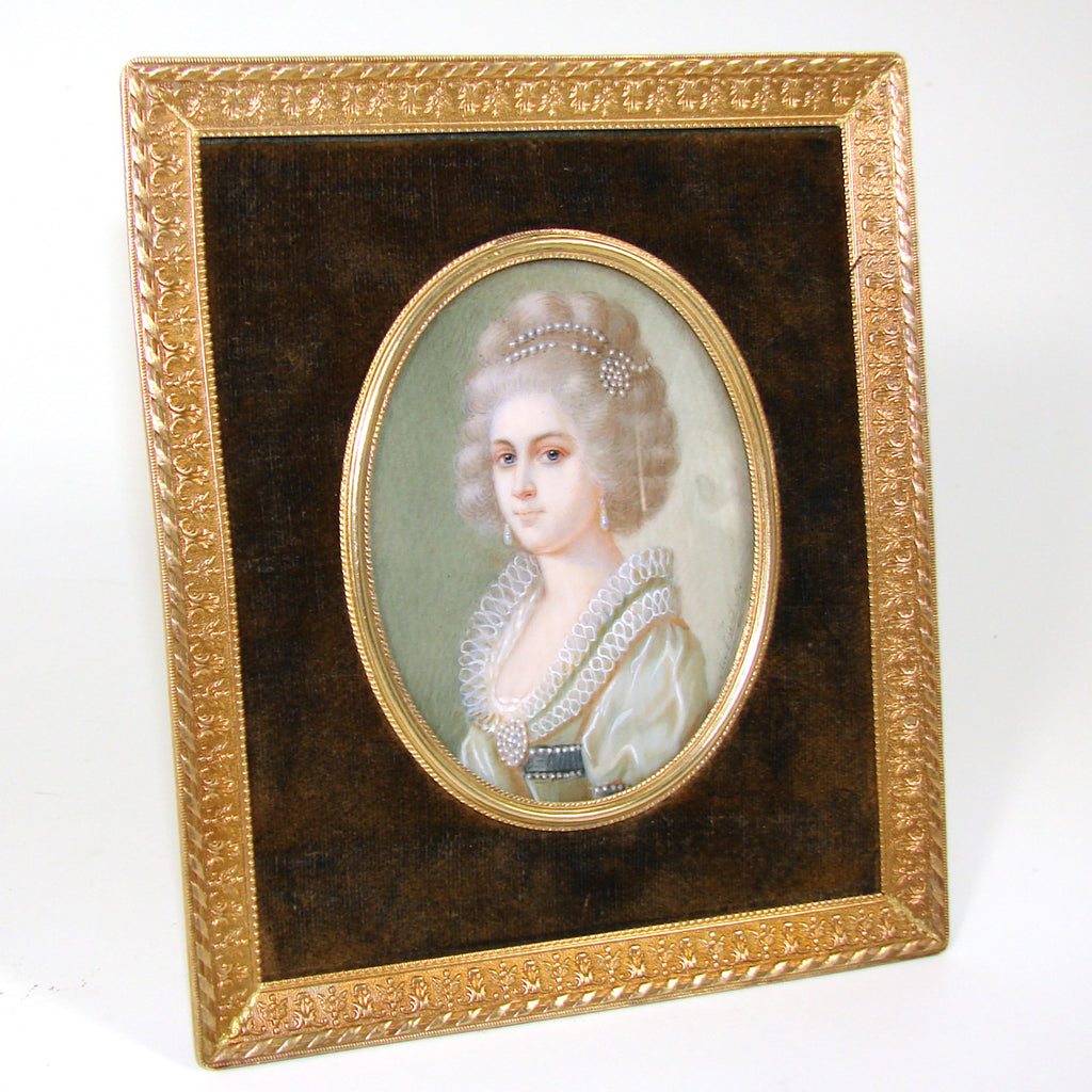 Antique French Portrait Miniature, Woman with Pearl Jewelry, Gilt Bron ...