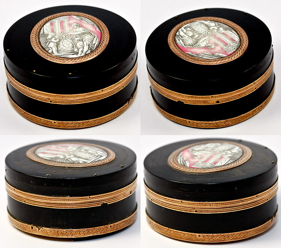 Antique Snuff Box, Grisaille Enamel Plaque, 15K Gold, Cupid, Hallmarks ...