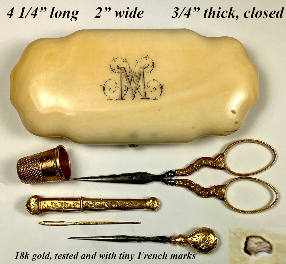 Antique TAHAN French Sewing Tools Etui, 18k Gold and c.1850s Ivory Cas ...