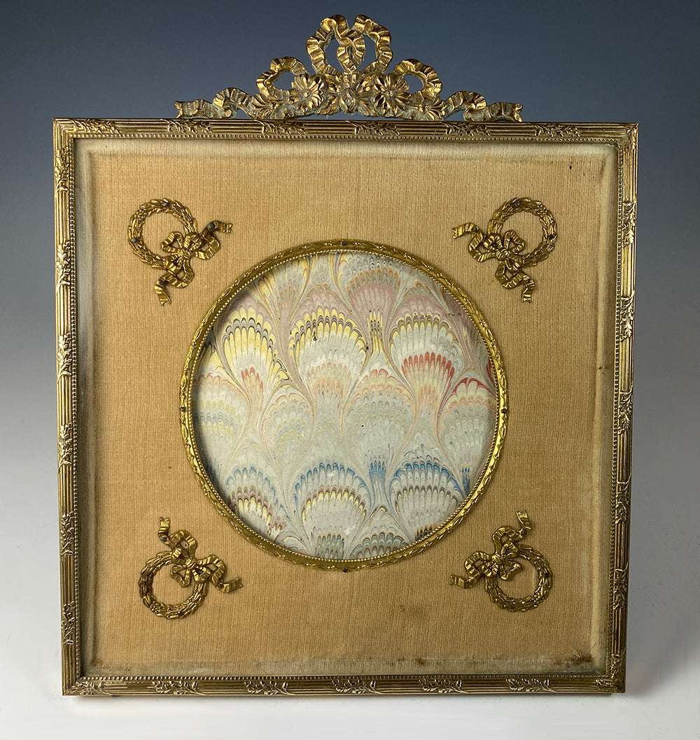 Antique French Dore Bronze 7.5" Square Easel Back Bow Top Frame, Appli ...