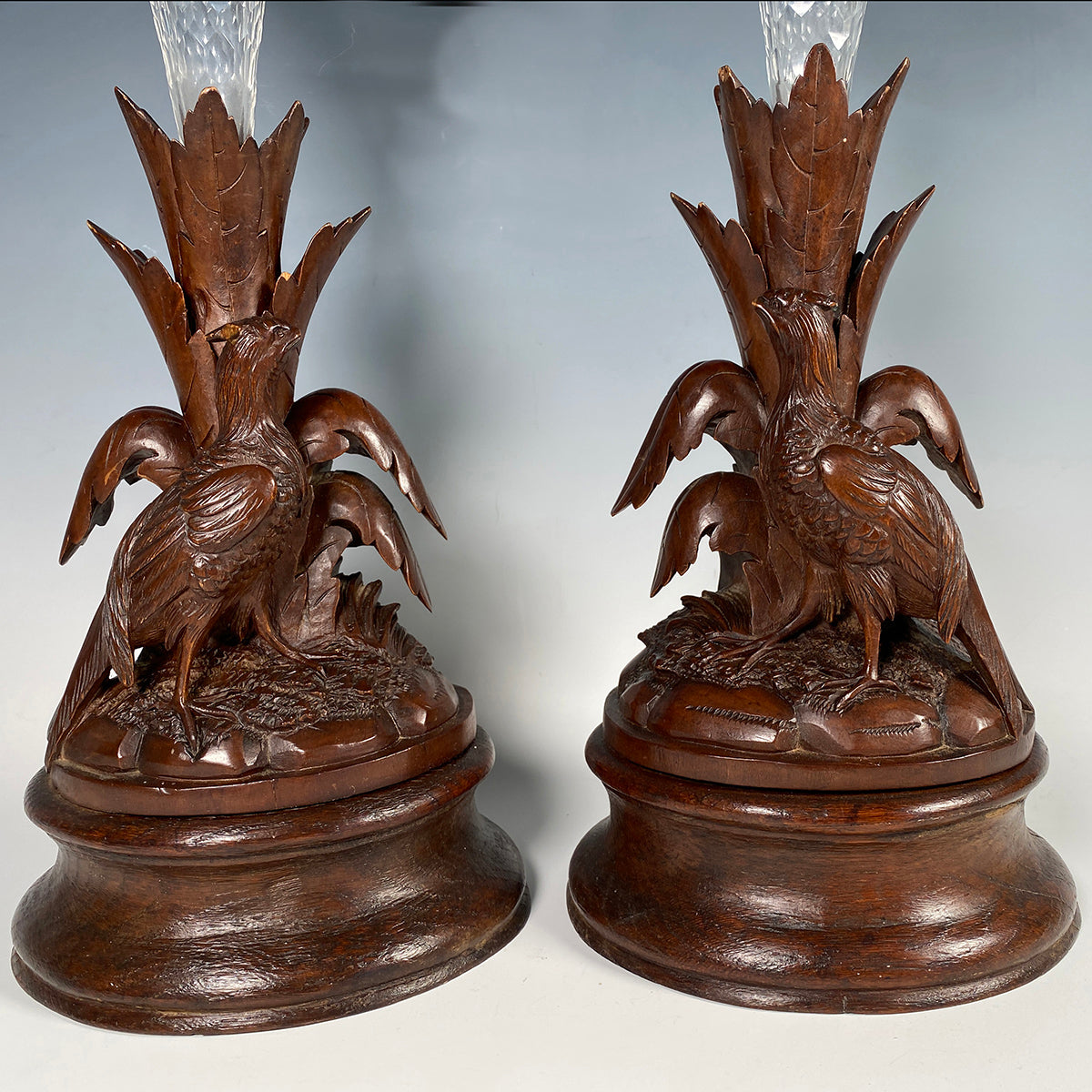 Large 15.5" Pair Antique Swiss Black Forest Carved Epergne Stands, Phe ...