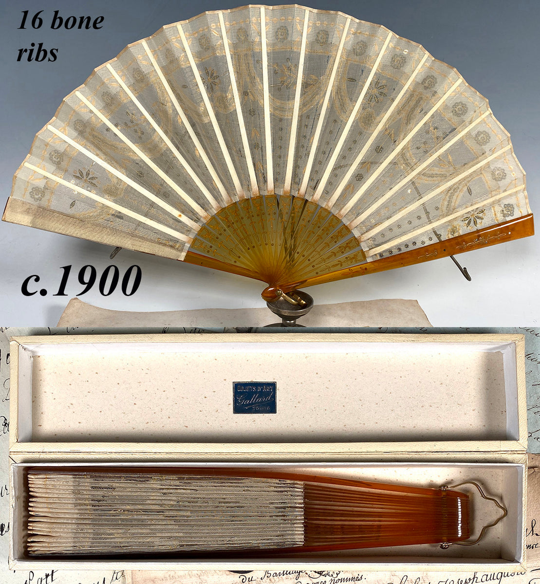 Fine Antique c.1900 French Hand Fan, Tulle Embroidered with Sequins, B ...