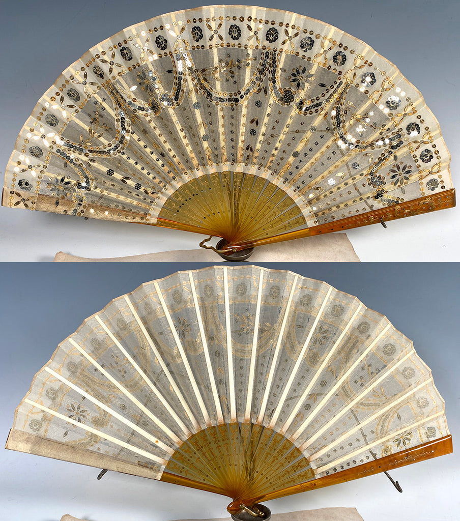Fine Antique c.1900 French Hand Fan, Tulle Embroidered with Sequins, B ...