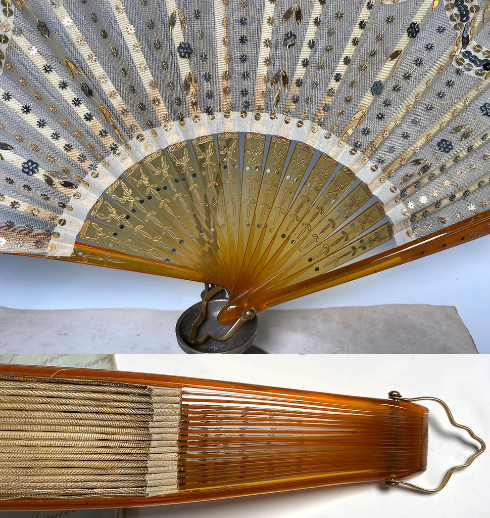 Fine Antique c.1900 French Hand Fan, Tulle Embroidered with Sequins, B ...