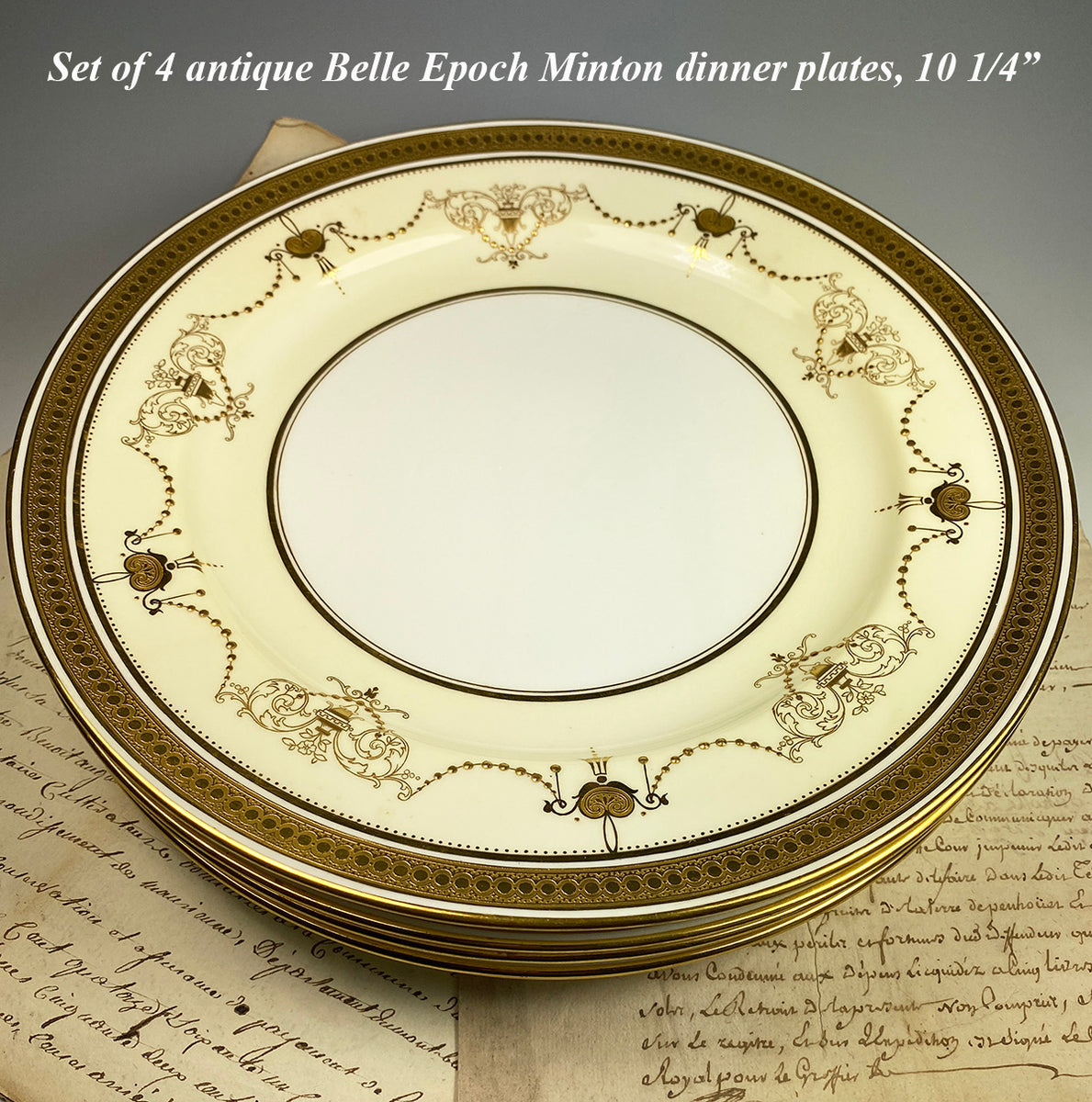 Set of 4 Fine Antique Minton Dinner Plates, Raised Gold Enamel, Made f ...
