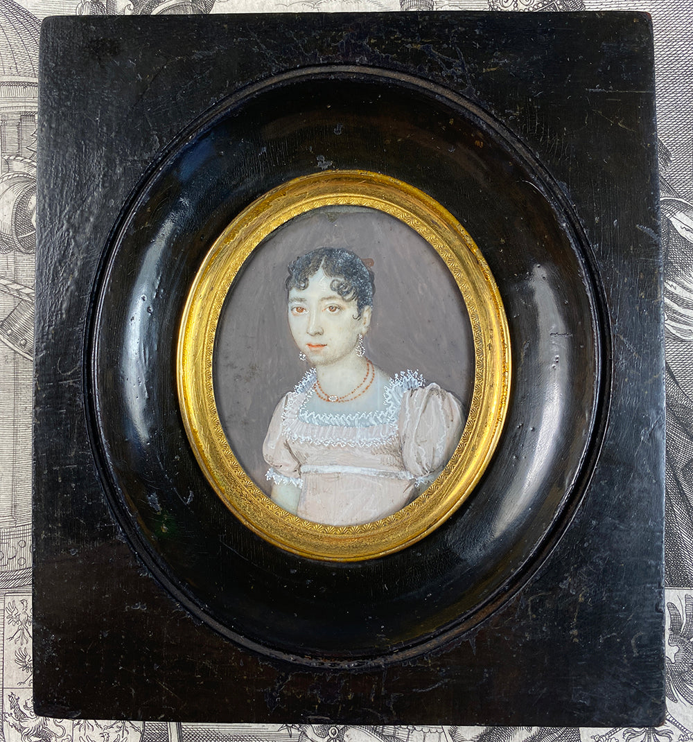 Antique French Portrait Miniature, French Empire c.1814 Red Coral Neck ...