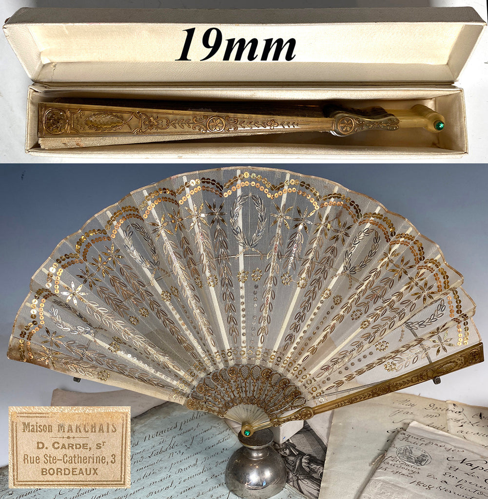Antique c. 1900 French 19mm Hand Fan, Horn and Embroidered Sequins in ...