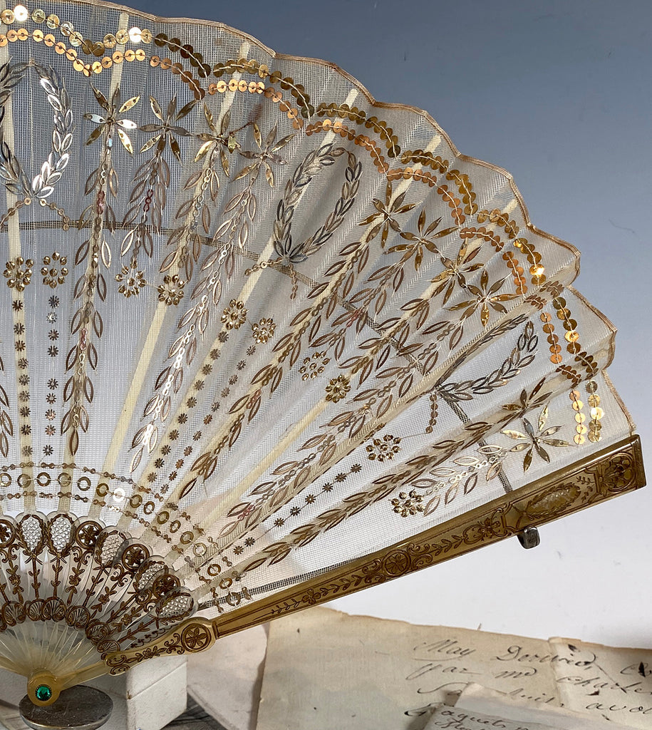 Antique c. 1900 French 19mm Hand Fan, Horn and Embroidered Sequins in ...
