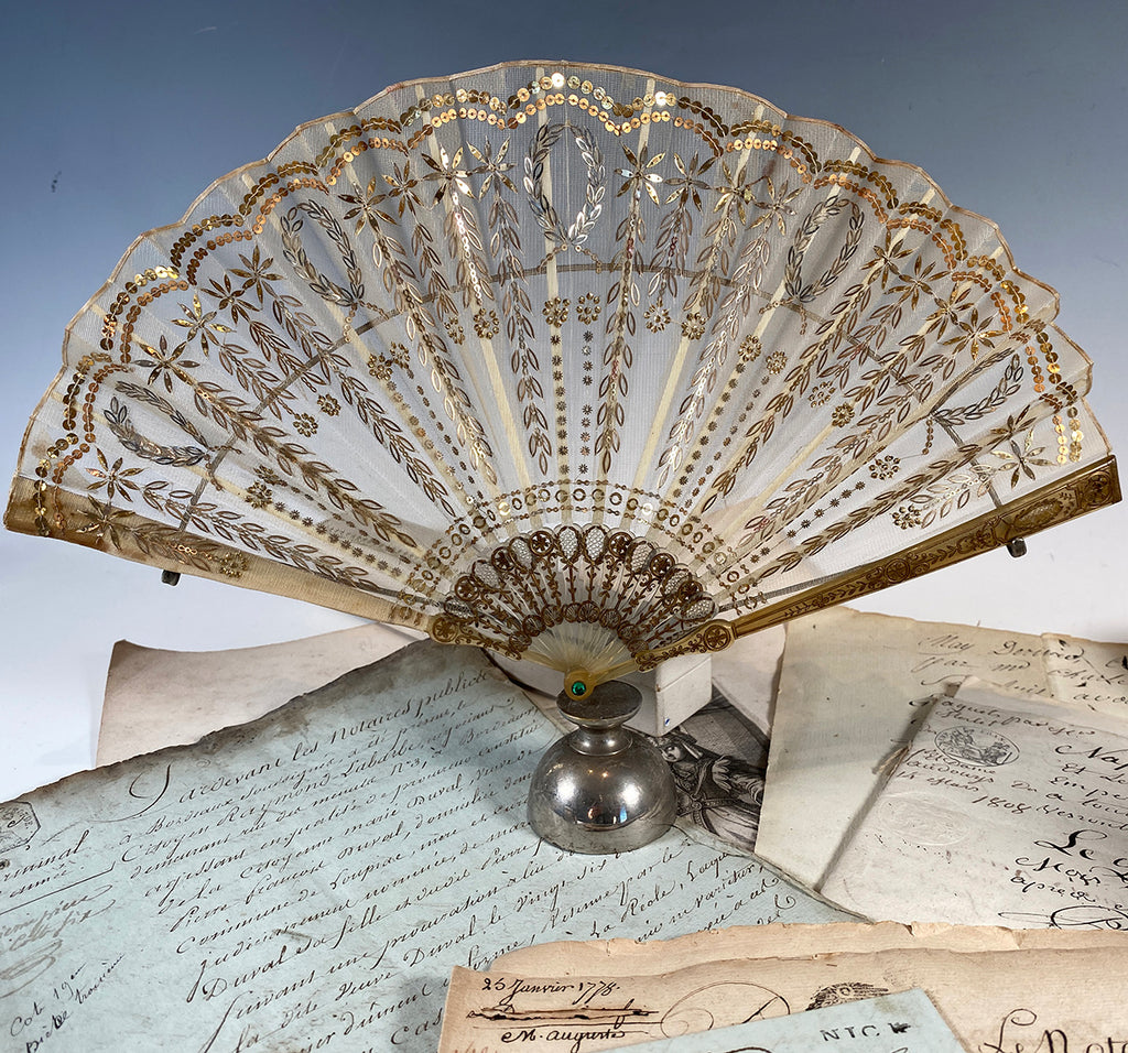 Antique c. 1900 French 19mm Hand Fan, Horn and Embroidered Sequins in ...