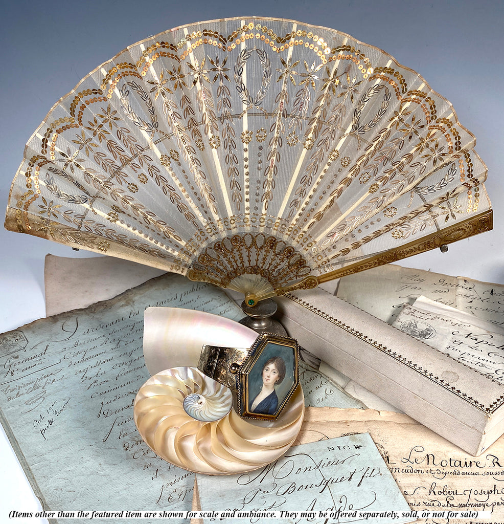 Antique c. 1900 French 19mm Hand Fan, Horn and Embroidered Sequins in ...