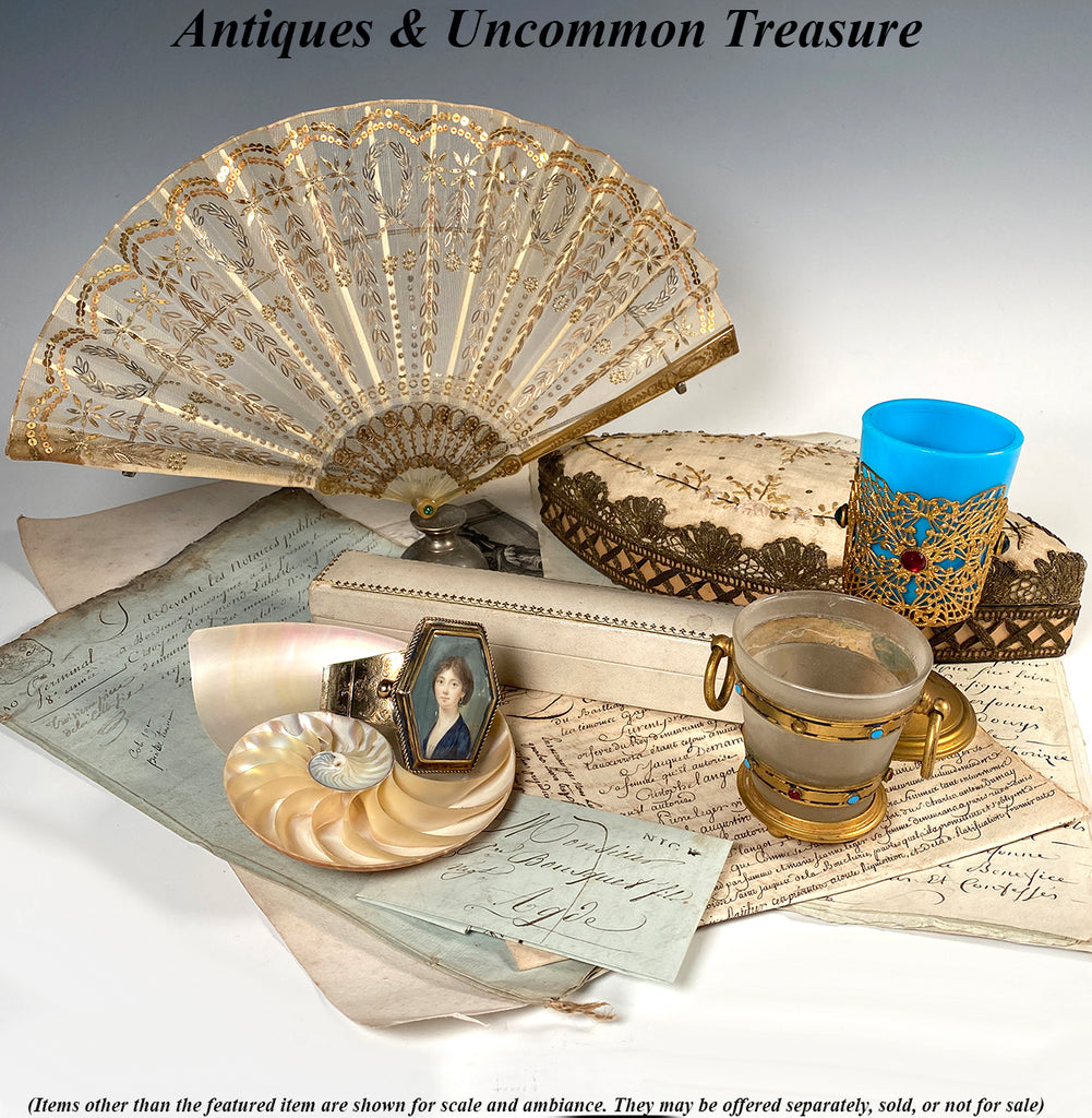 Antique c. 1900 French 19mm Hand Fan, Horn and Embroidered Sequins in ...