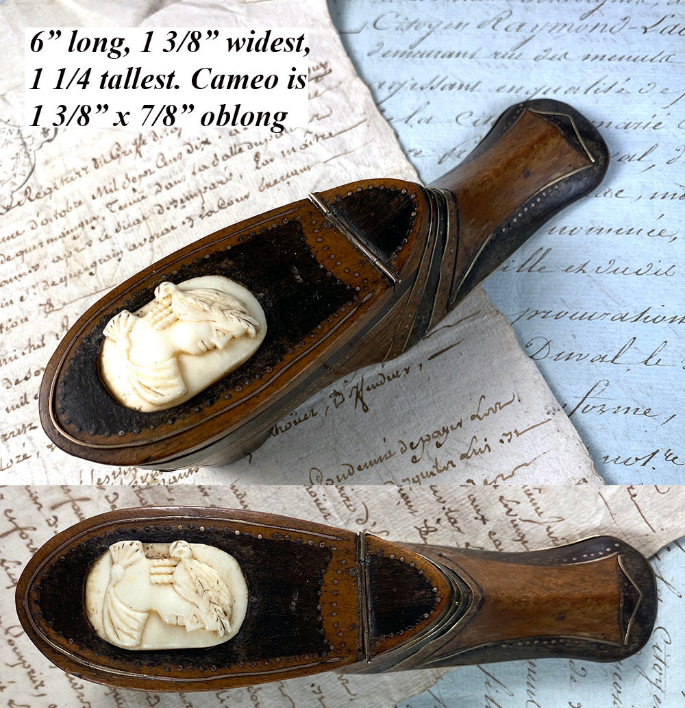 Antique French 6" Carved Shoe or Boot Snuff Box, Pique, Carved Portrai ...