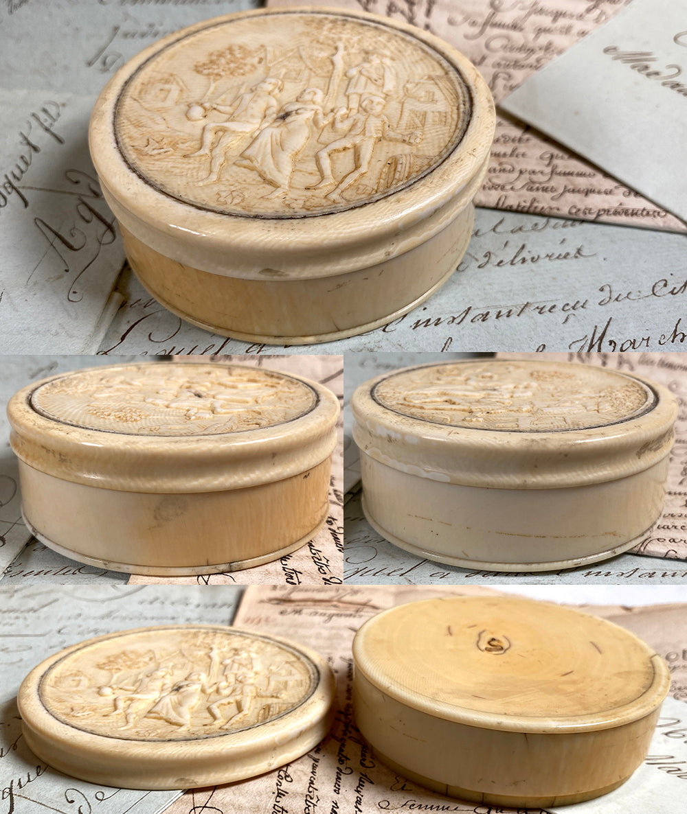 Antique Mid-18th Century Hand Carved Ivory Snuff Box, Colonial Scene ...
