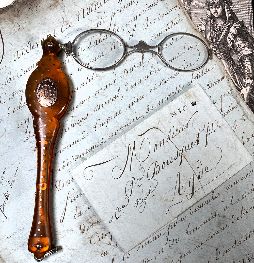 Antique French Blond Tortoise Shell Lorgnette - 18k Gold Pique and Sil ...