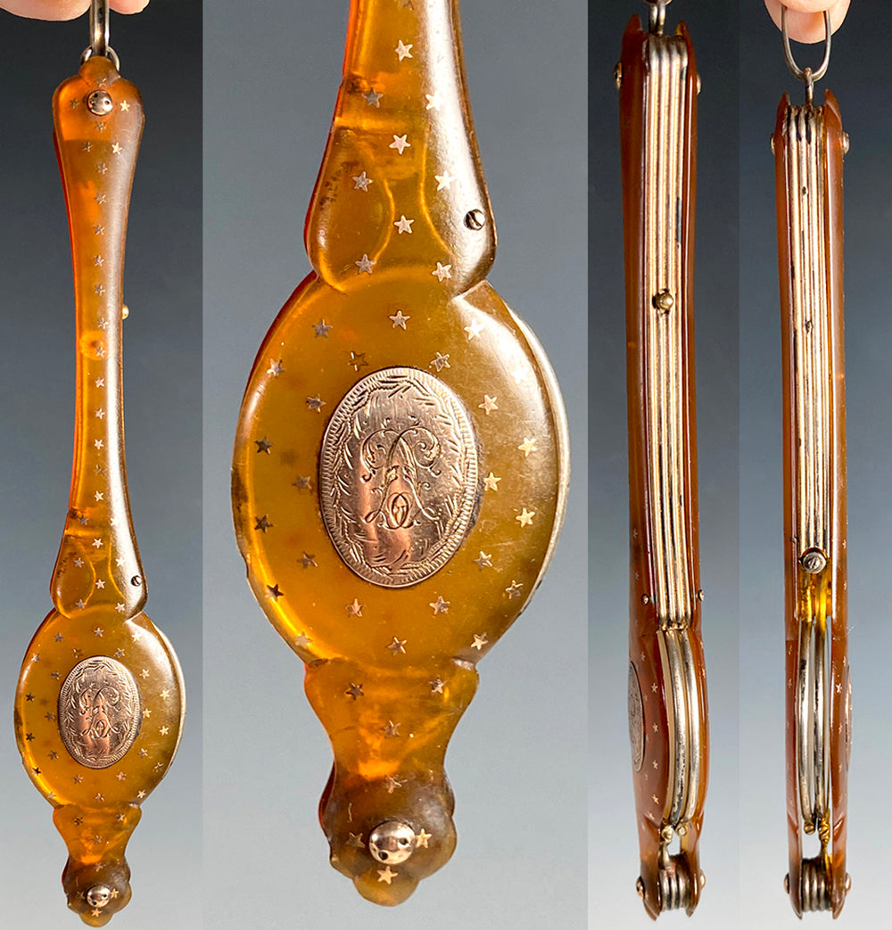 Antique French Blond Tortoise Shell Lorgnette - 18k Gold Pique and Sil ...
