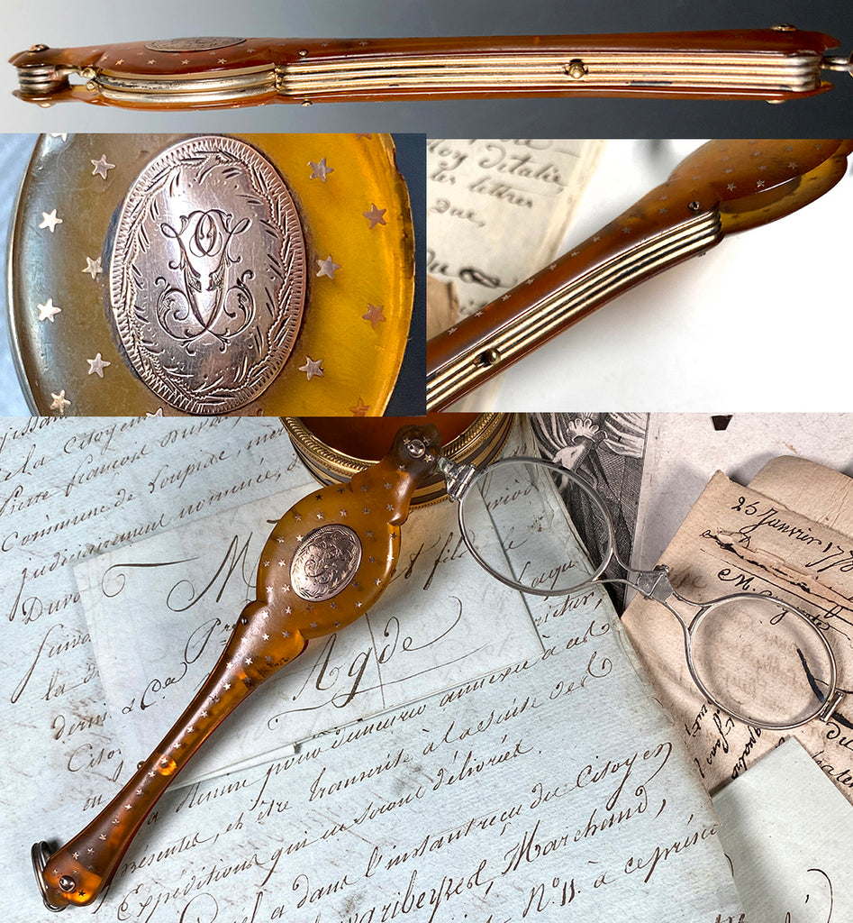 Antique French Blond Tortoise Shell Lorgnette - 18k Gold Pique and Sil ...