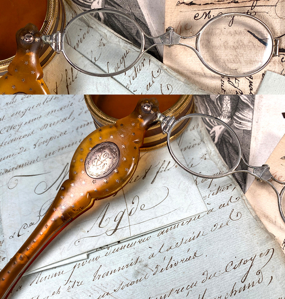 Antique French Blond Tortoise Shell Lorgnette - 18k Gold Pique and Sil ...