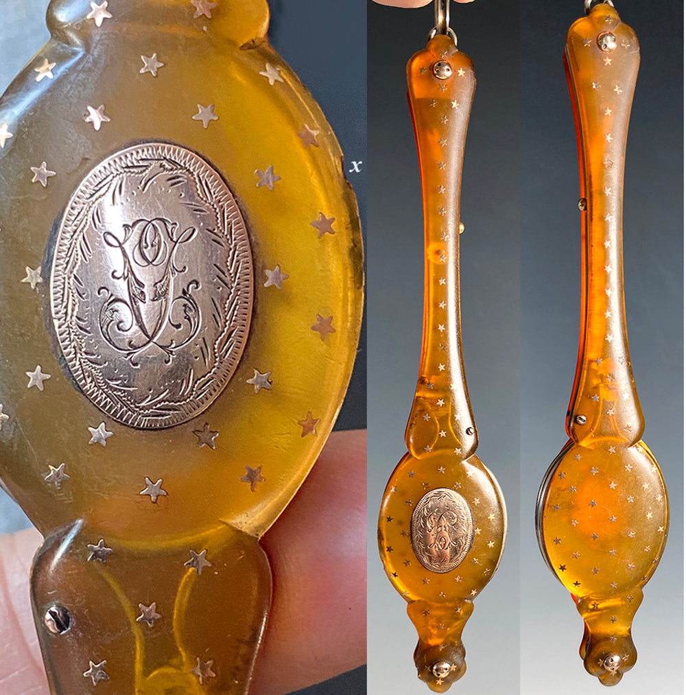 Antique French Blond Tortoise Shell Lorgnette - 18k Gold Pique and Sil ...