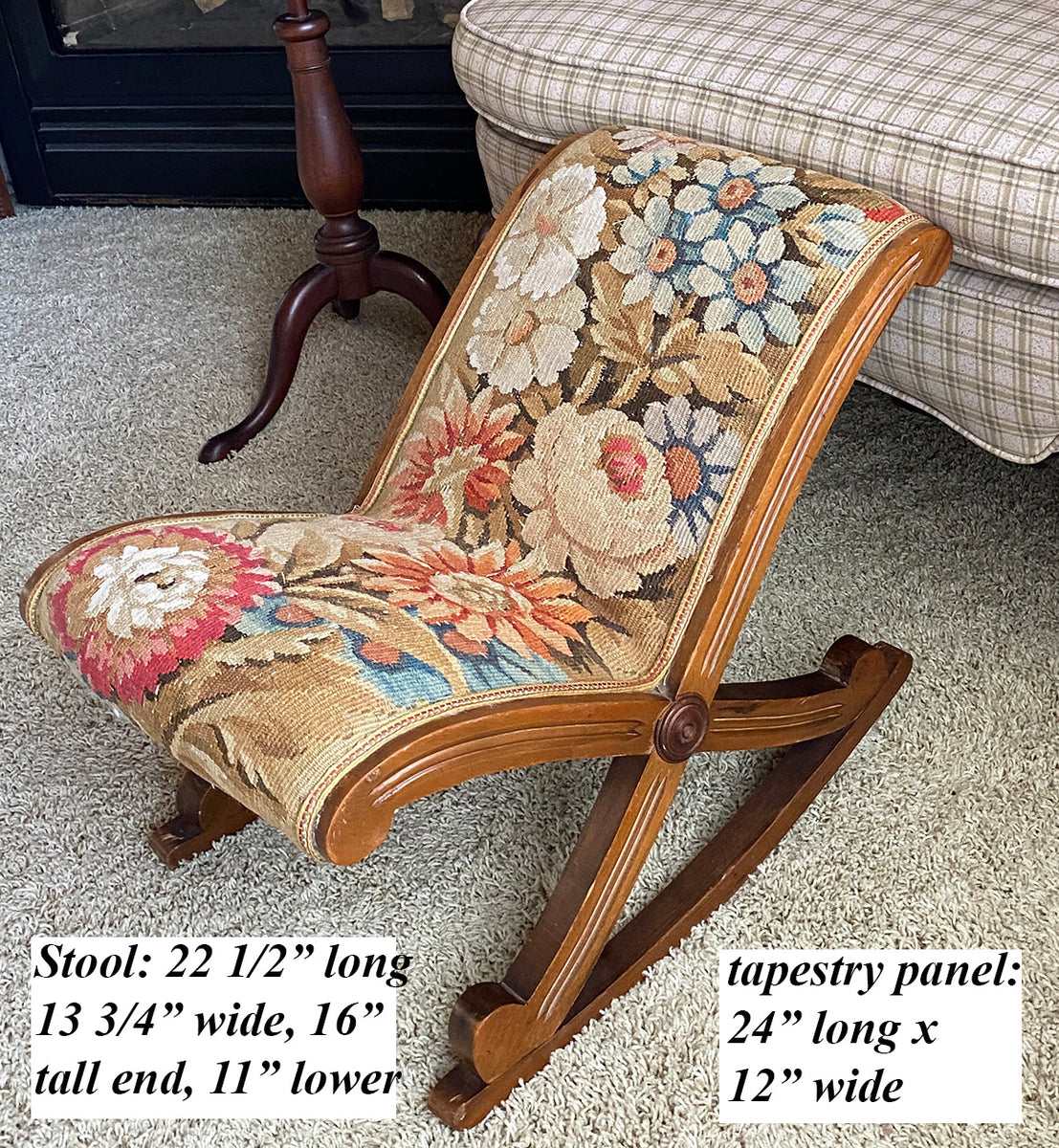 Large Antique French Aubusson Tapestry Bench or Foot Stool, X-Form Roc ...