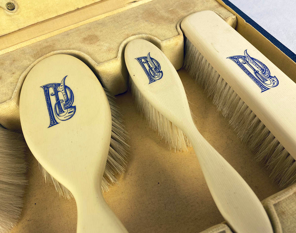 Antique Faux Ivory Vanity Set, French Ivory, 8 Pieces in Original Pres ...