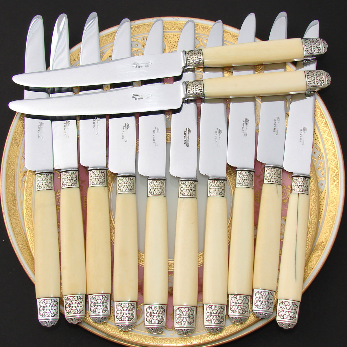 Antique French 24pc Silver & Carved Ivory Handled Table Knife Set, Sta ...