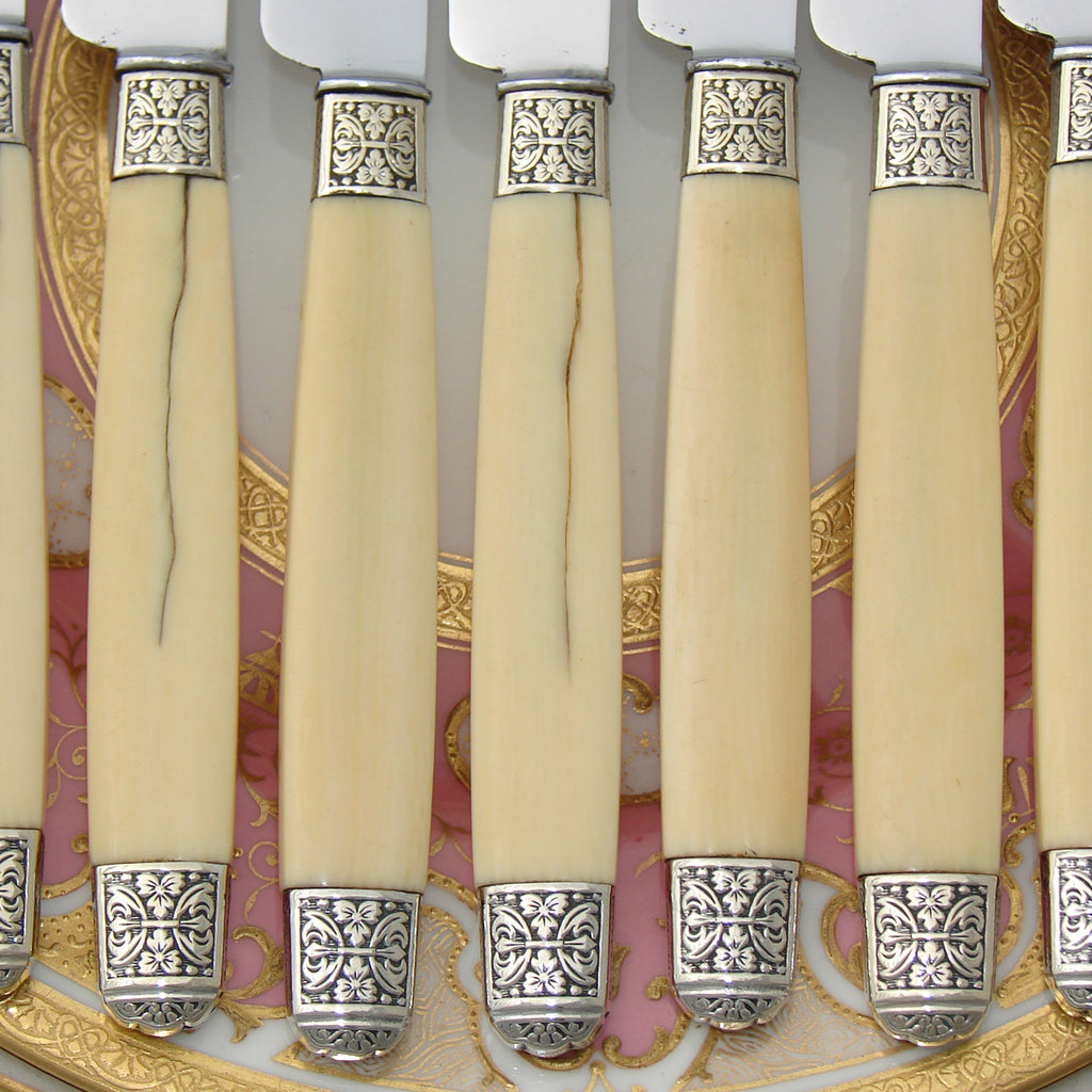 Antique French 24pc Silver & Carved Ivory Handled Table Knife Set, Sta ...