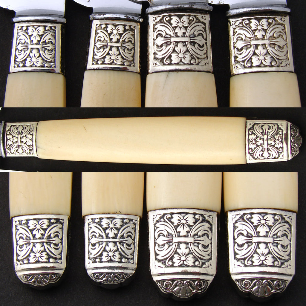 Antique French 24pc Silver & Carved Ivory Handled Table Knife Set, Sta ...