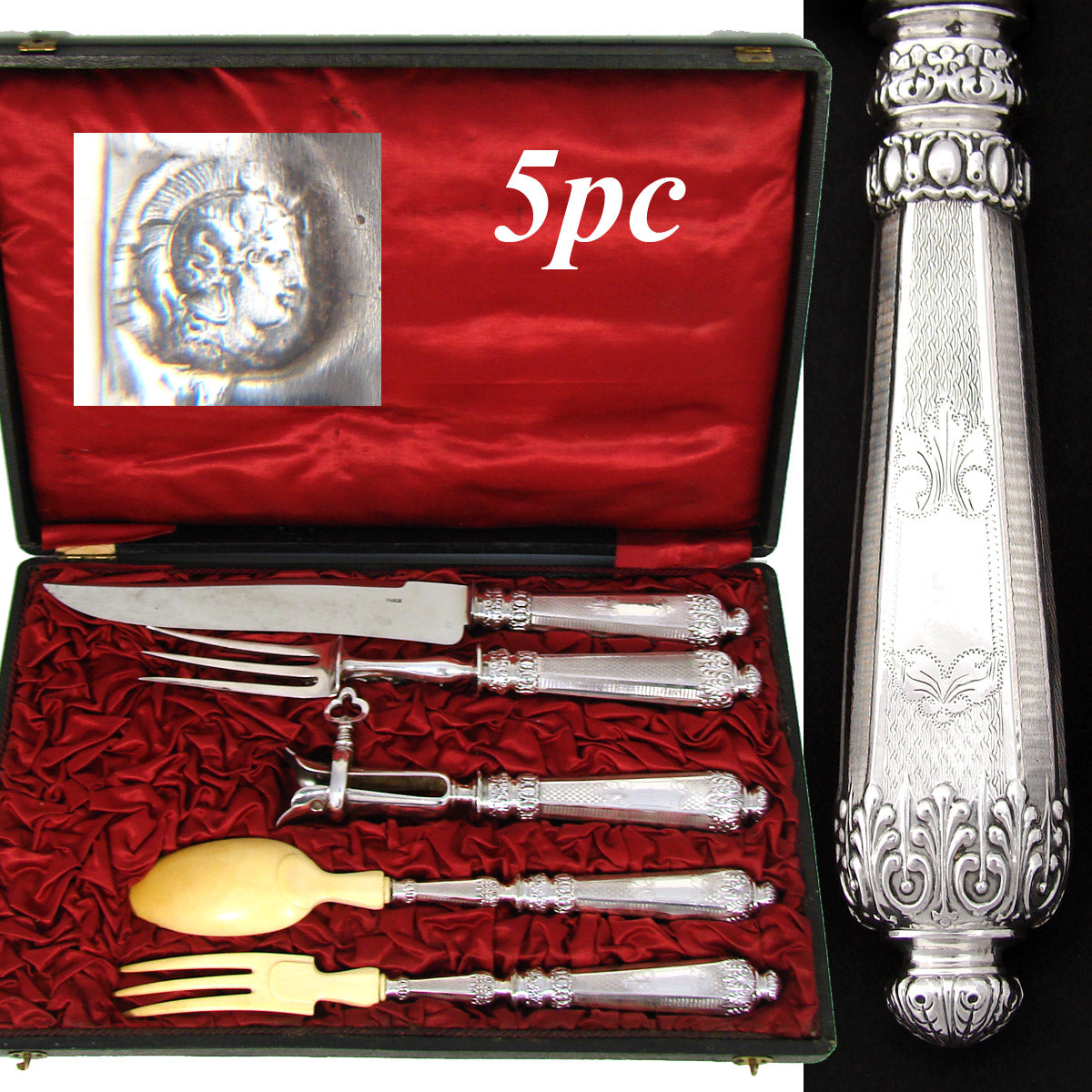 Antique French Sterling Silver 5pc Meat Carving & Salad Serving Set, O ...