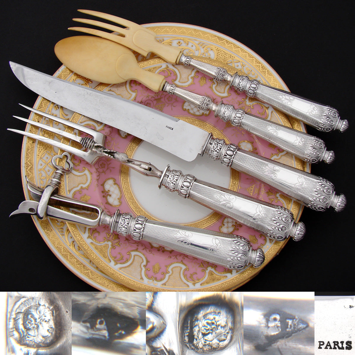 Antique French Sterling Silver 5pc Meat Carving & Salad Serving Set, O ...